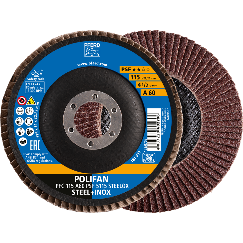 PFERD POLIFAN Flap Disc PSF STEELOX 115mm Grit 60 – PFERD South Africa